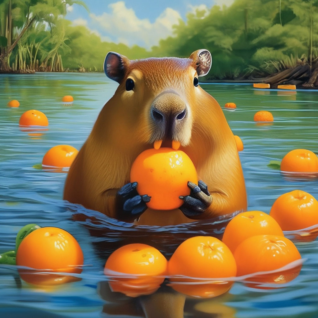 "Capybara in the river with oranges one of the oranges in the mouth ...