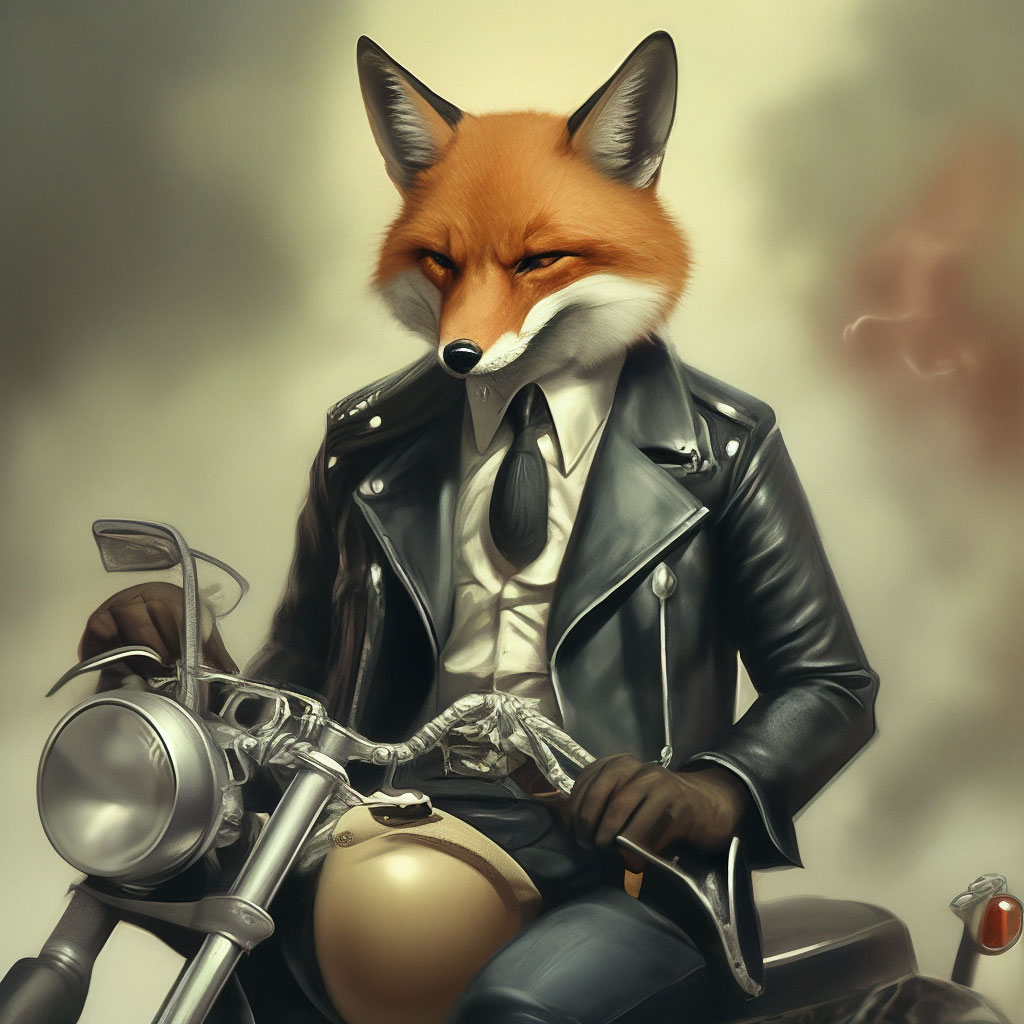 "Fox with a cigar in a leather jacket on a motorcycle" — image created ...