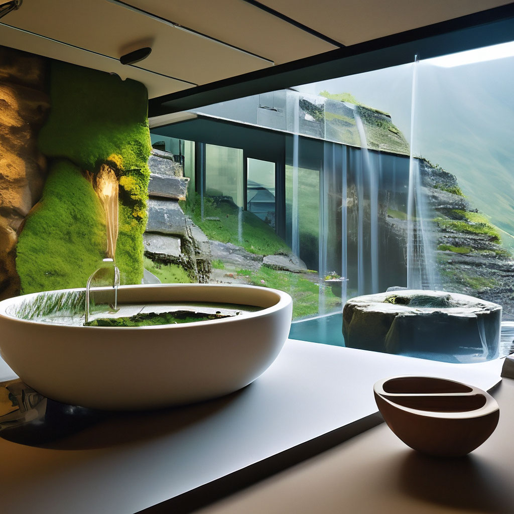 "Goga Navel© automated house over a waterfall, bathroom, dam break ...