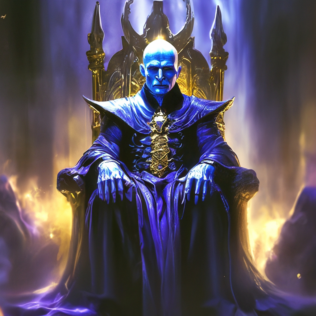 "Voldemort, without a nose, light blue, sitting on a throne, a golden ...