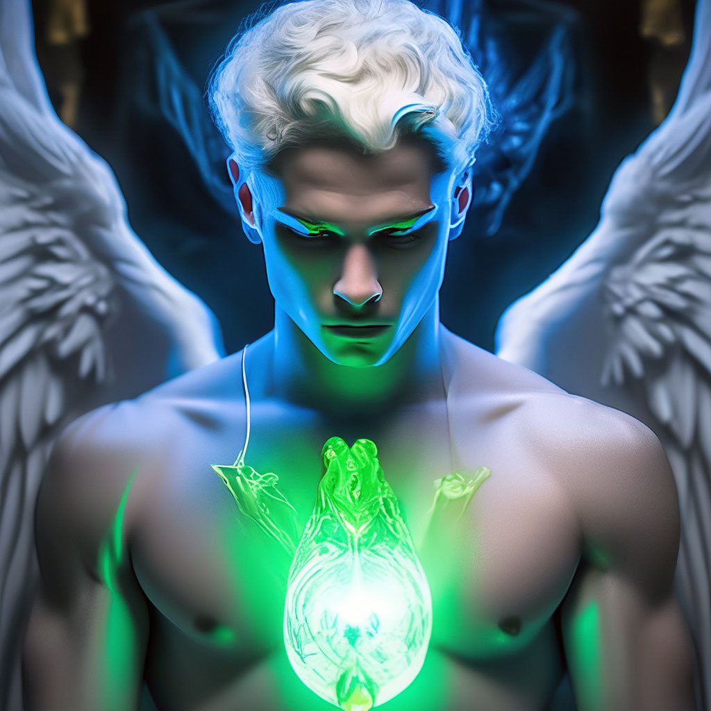 "White transparent angel with a lumen in blue tones on the right ...