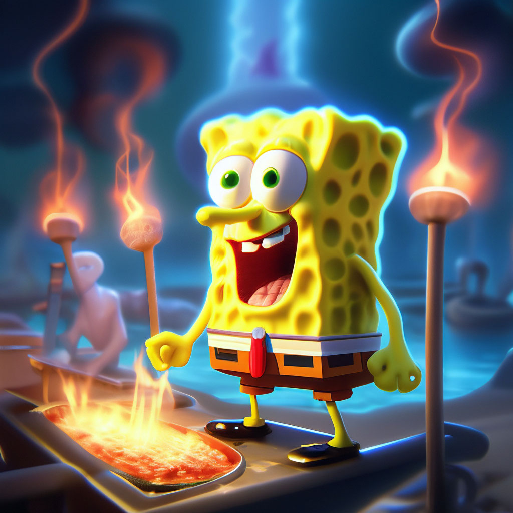 "SpongeBob fried Patrick" — image created in Shedevrum