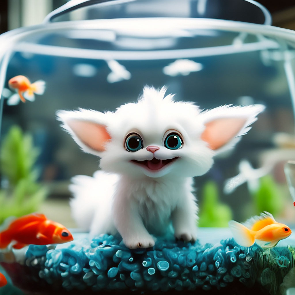 "Cute fluffy smiling white gremlin looks at the fish in the aquarium ...