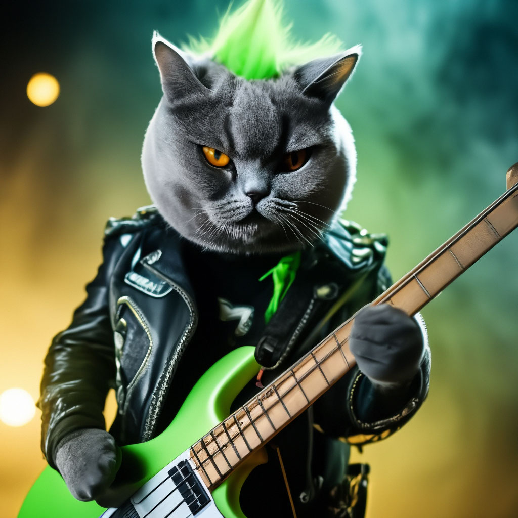 "A smoky British cat with a bright green mohawk in a rocker costume ...