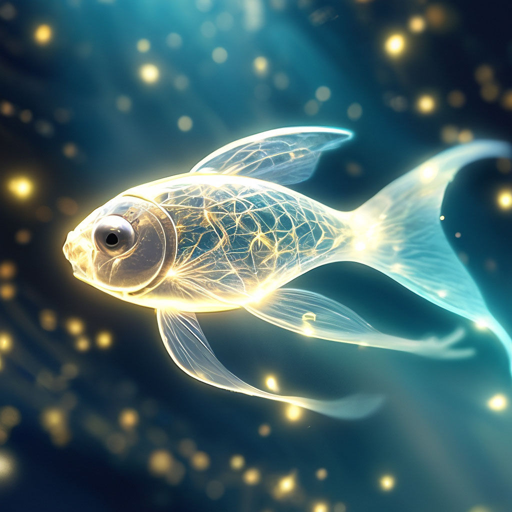 "A small transparent luminous cheerful fish swims through the magical ...