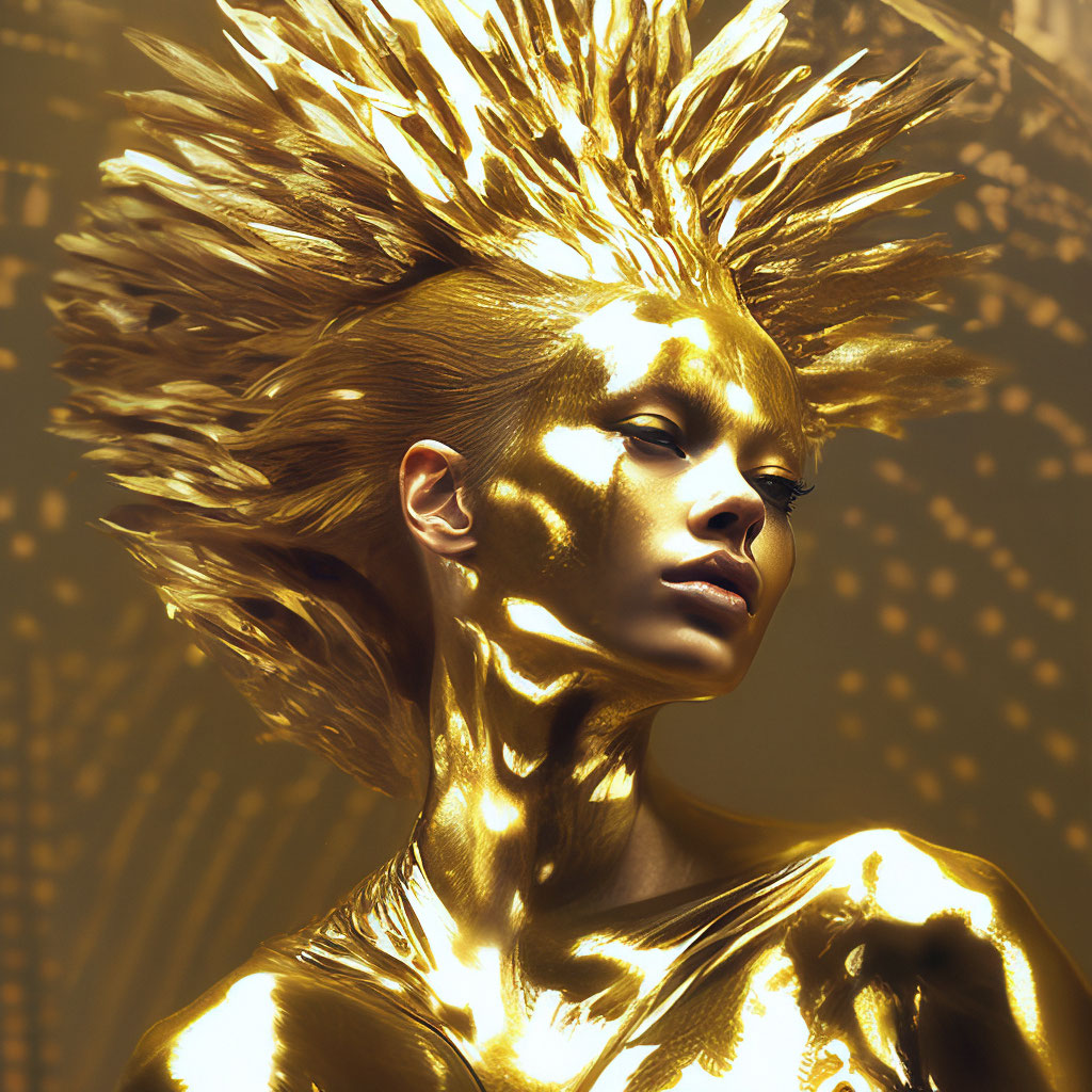 "A beautiful woman is cast in gold, straight hair is gold, skin is gold ...