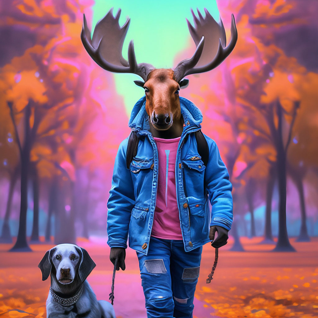 "Surrealism, beautiful anthropomorphic moose in a cargo jacket and ...
