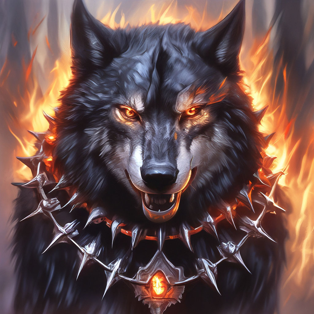 "Big black wolf with fiery eyes in a spike collar, horror, gothic ...