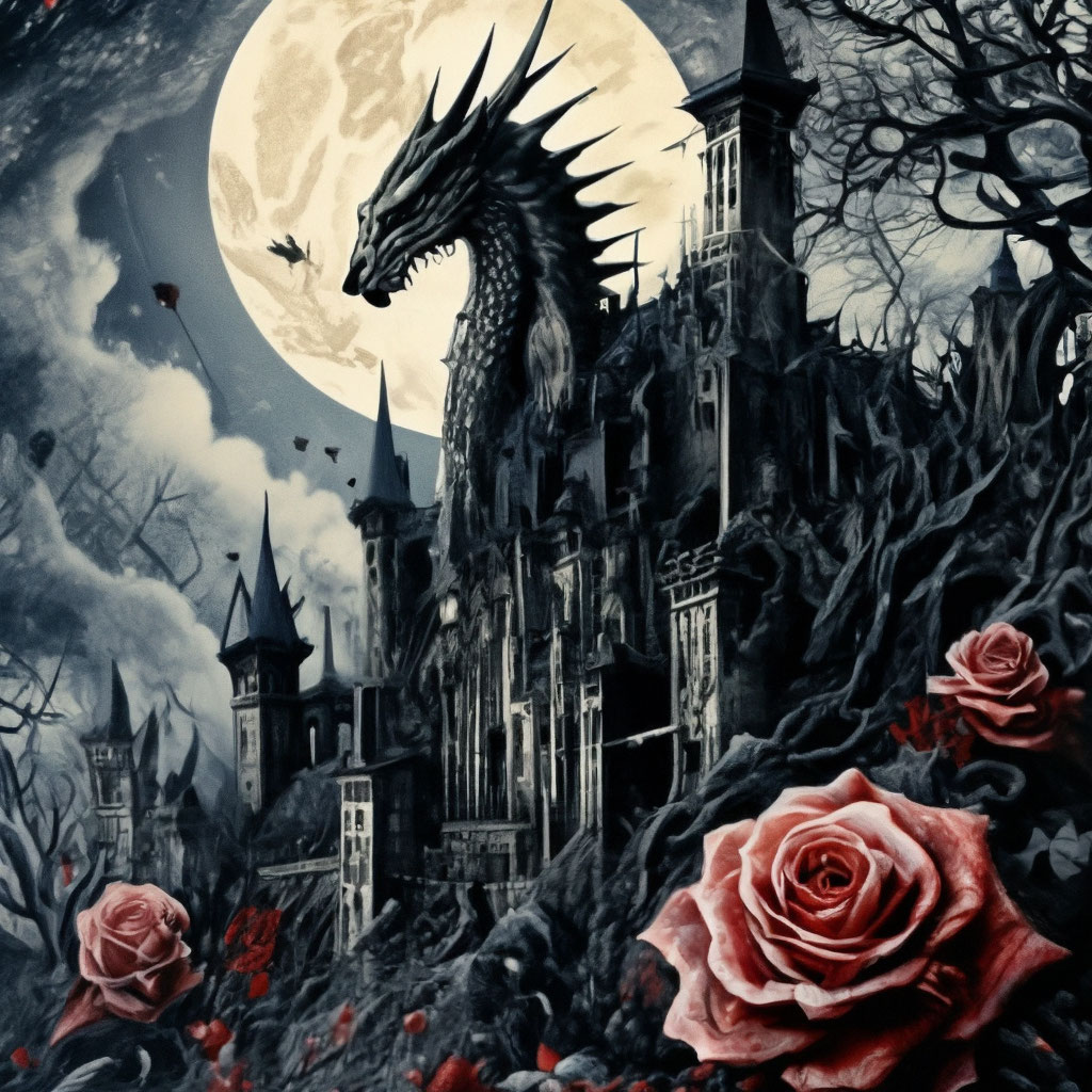 "Horror, fabulous, epic, full moon,dragon, castle, dry roses, thorns ...
