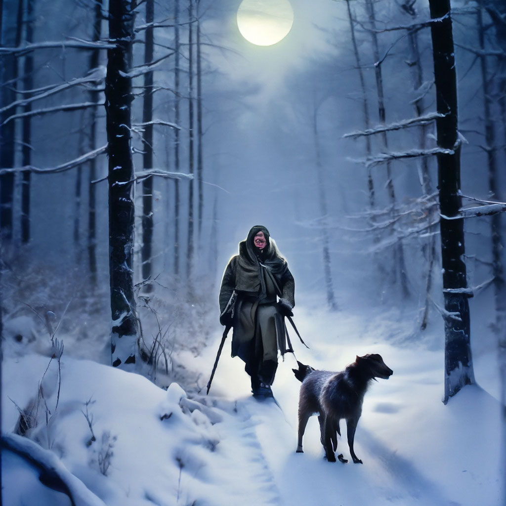 "A lone hunter with a dog. forest. winter. snow. frost. night. moon ...