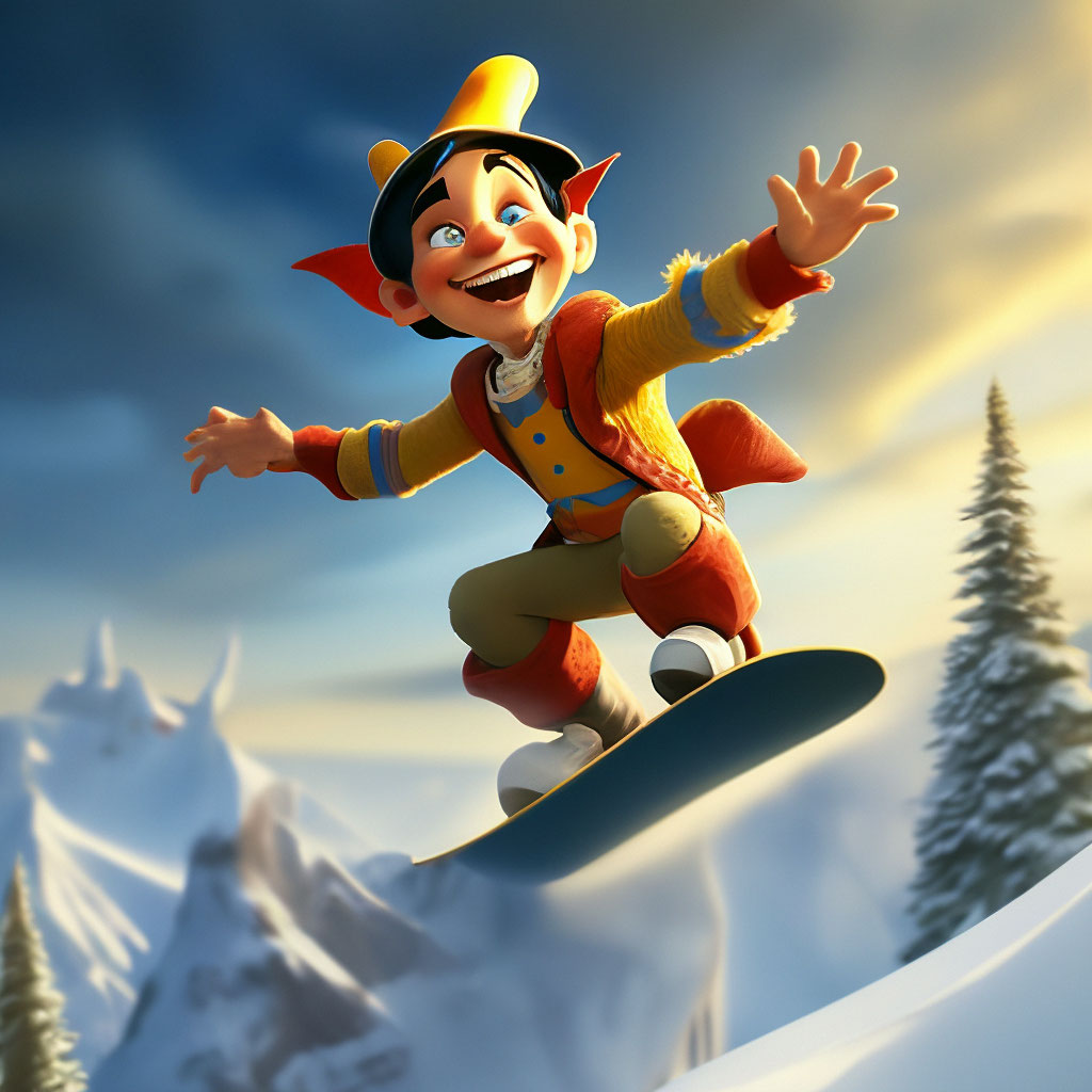 "Pinocchio on a snowboard, jumping from a springboard, smiling and ...