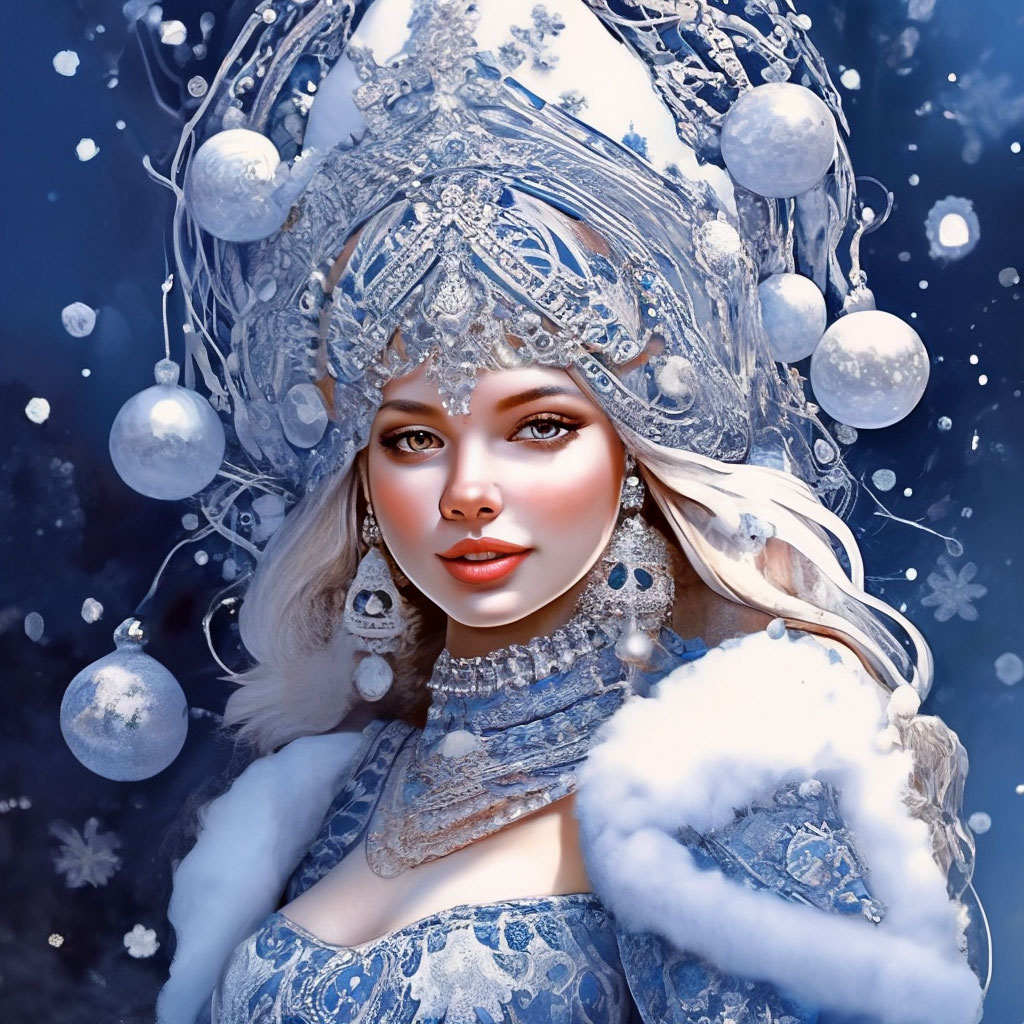"Drawing of the snow queen, kokoshnik made of Christmas balls, small ...