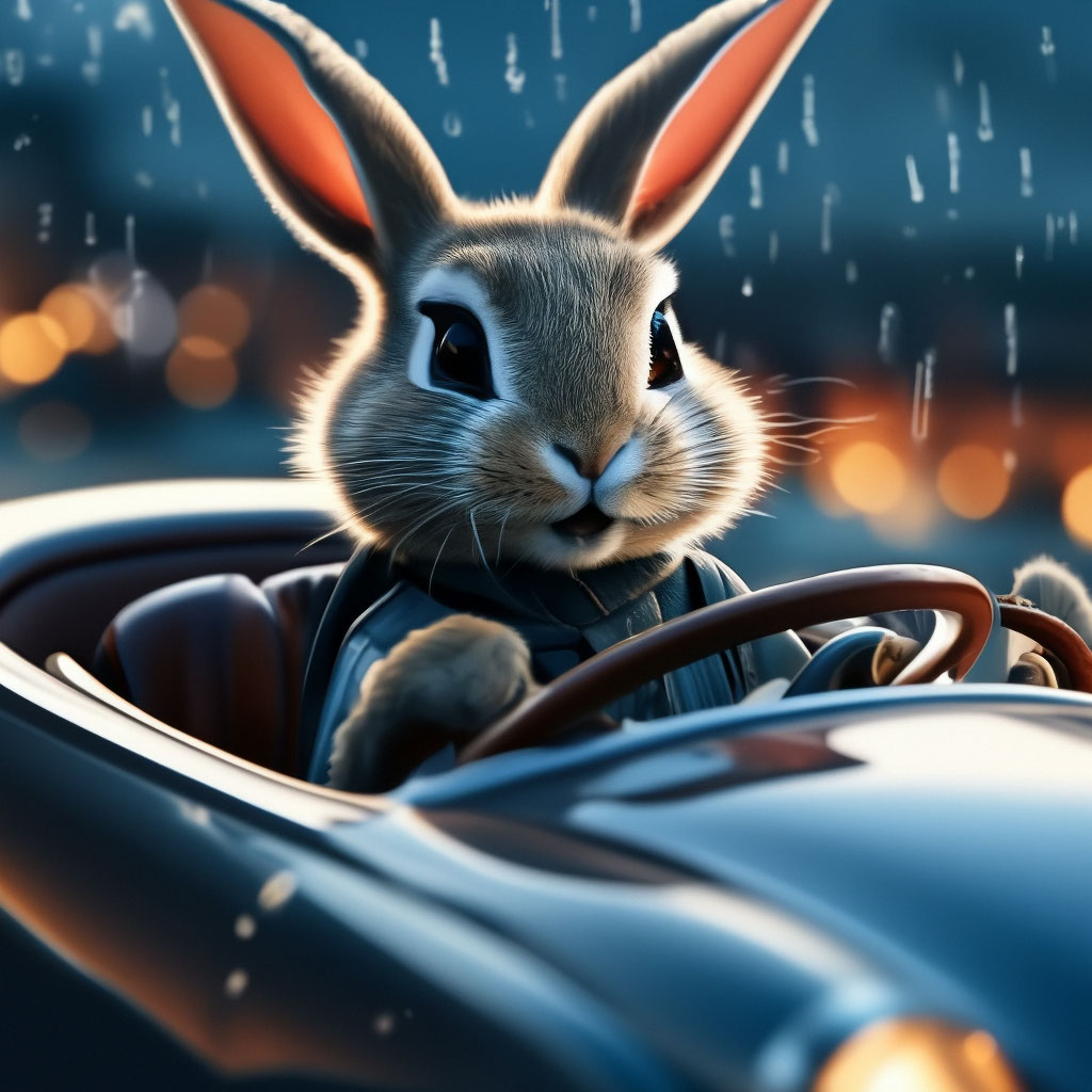 "Cute gentle bunny rides in a very cool convertible surrealism space ...