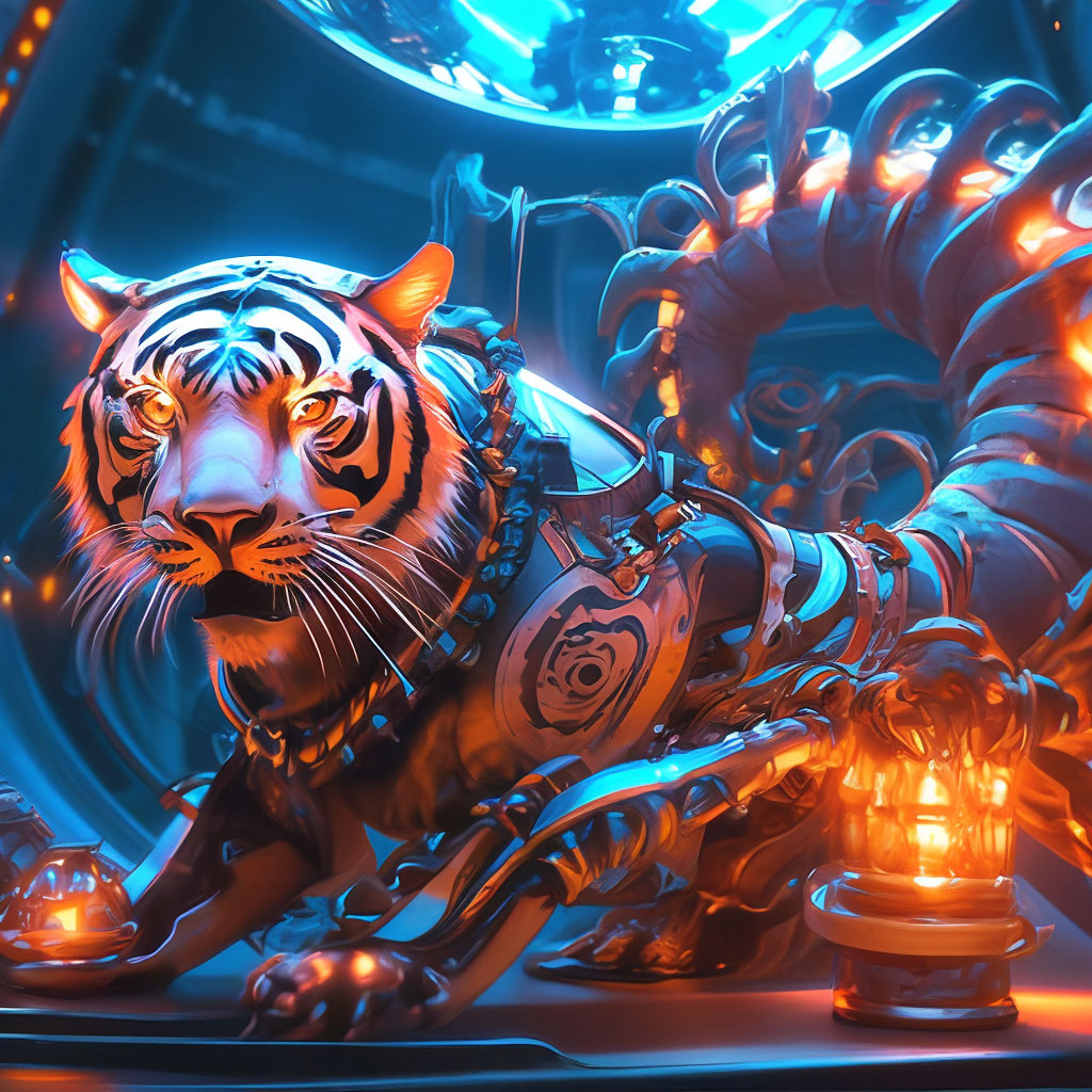 "Spiral composition, tiger in shell and scorpion tail in cyberpunk ...