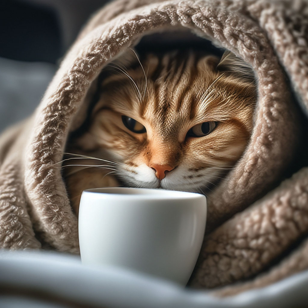 "Gloomy cat wrapped up in a blanket and drinking coffee, didn't get ...