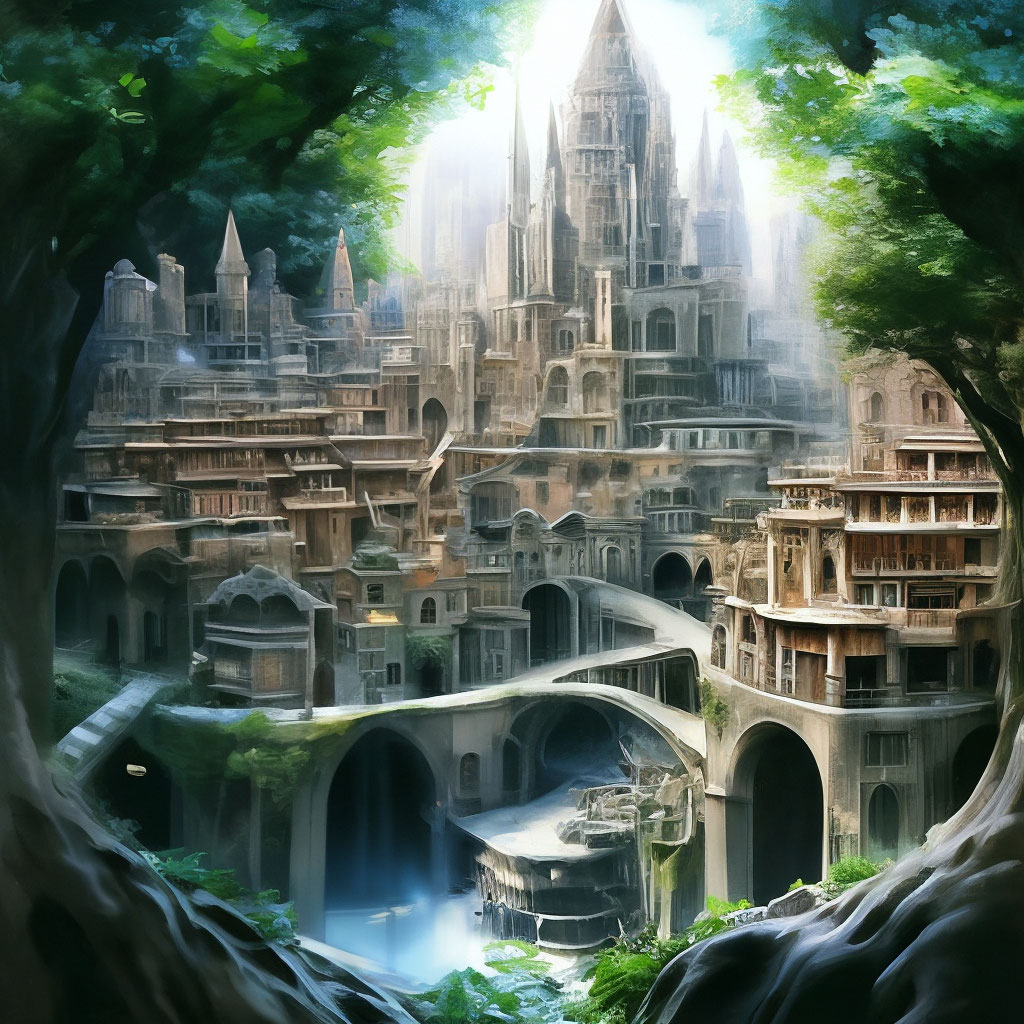 "Watercolor drawing,photorealism, magic city under the roots of a tree ...