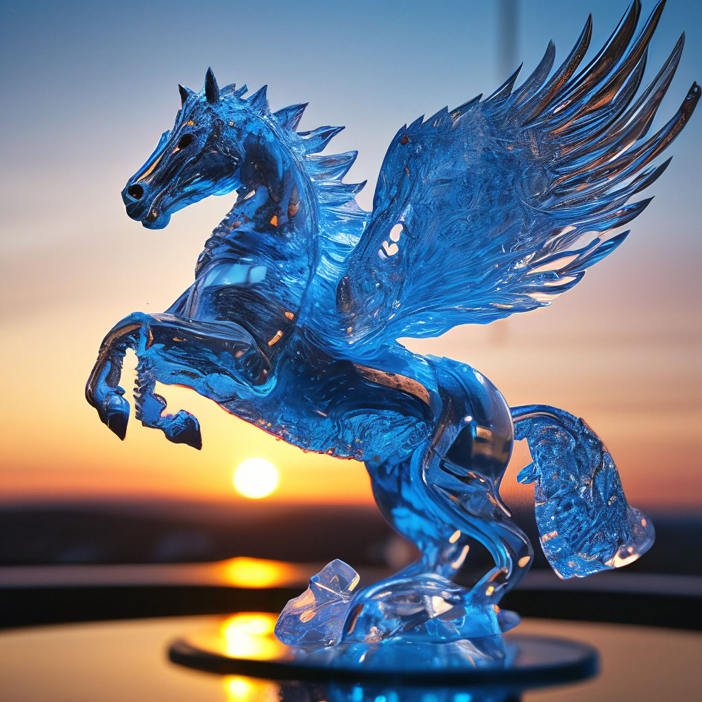 "Pegasus made of blue crystal on the background of dawn, high ...
