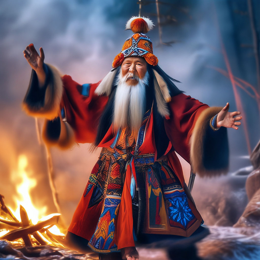 "An old Altai shaman dances, dressed in fur, national color ...