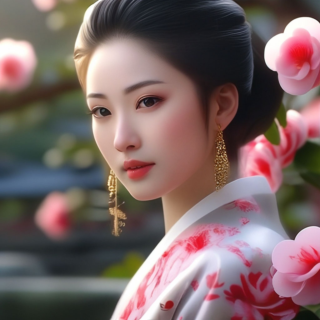 "Camellia girl, noble refined girl on the background of a Japanese ...