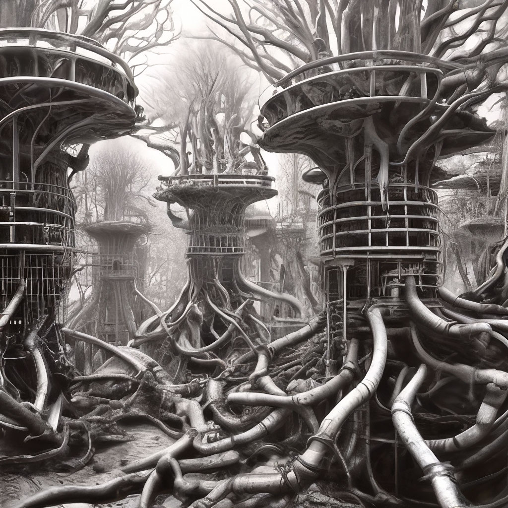 "Biomechanical forest, chaotically growing black-and-white trees in the ...