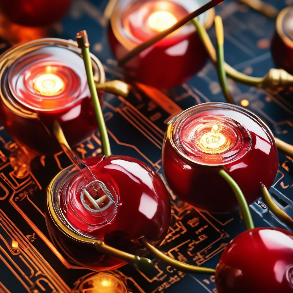 "Complex 3D electrical circuit made of cherries, crystal, lights ...