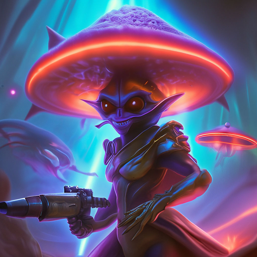 "Alien fly agaric with a blaster" — image created in Shedevrum