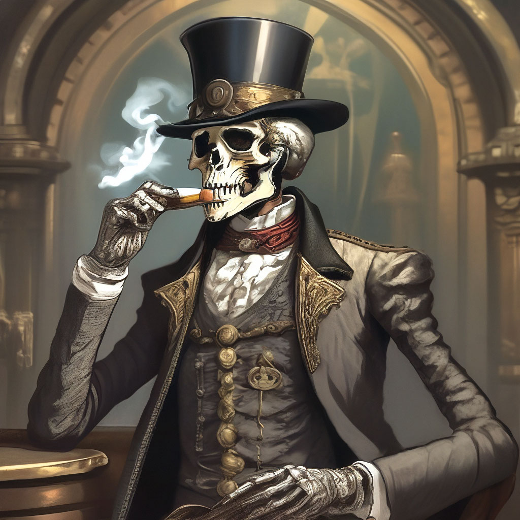 "A skeleton with a cigar in his hand in an anime-style costume of the ...
