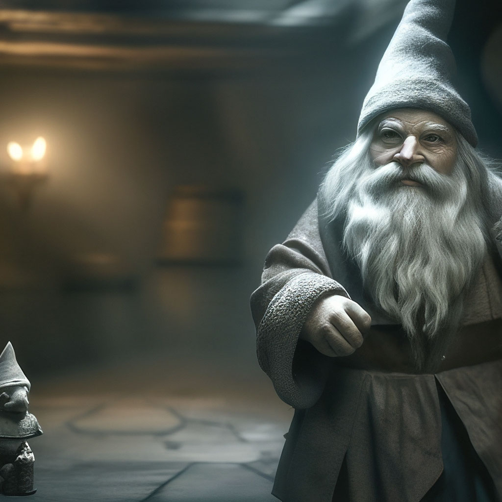 "Realistic gnome ,in a cellar with blanks, dim lighting,haze, ghostly ...