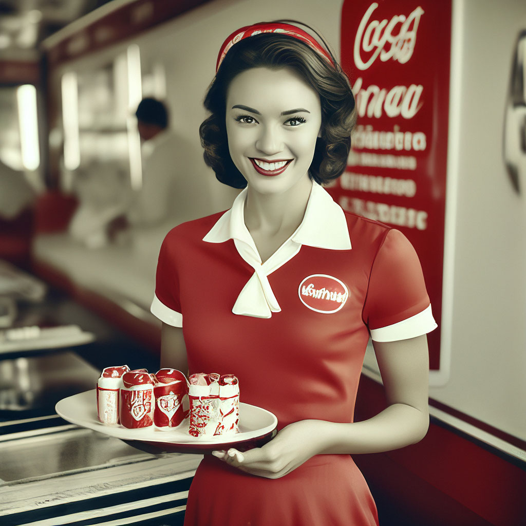 "Waitress, 1960 poster, carrying Coca-Cola on a tray, retro, full ...