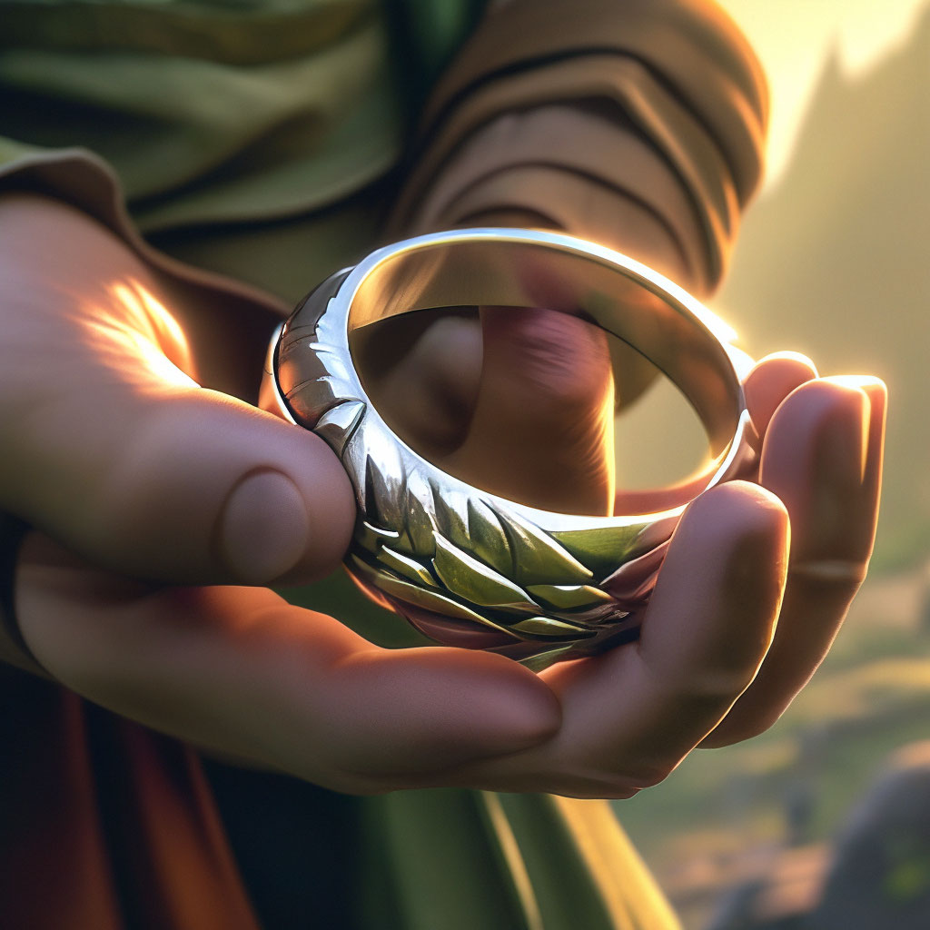 "The hobbit holds the ring" — image created in Shedevrum