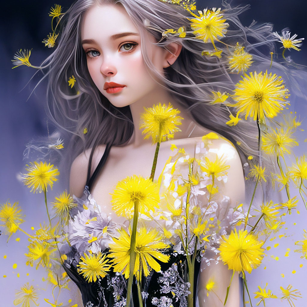 "SERIES "FLOWERS" DANDELIONS" detailed girl, expressive eyes, close-up ...