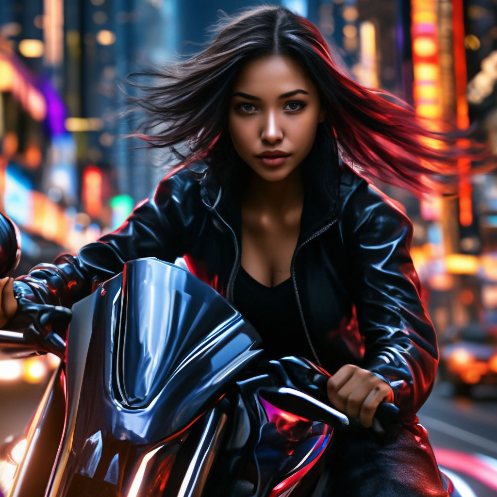 "Girl in black, on a motorcycle, night, city, cyberpunk, high detail ...