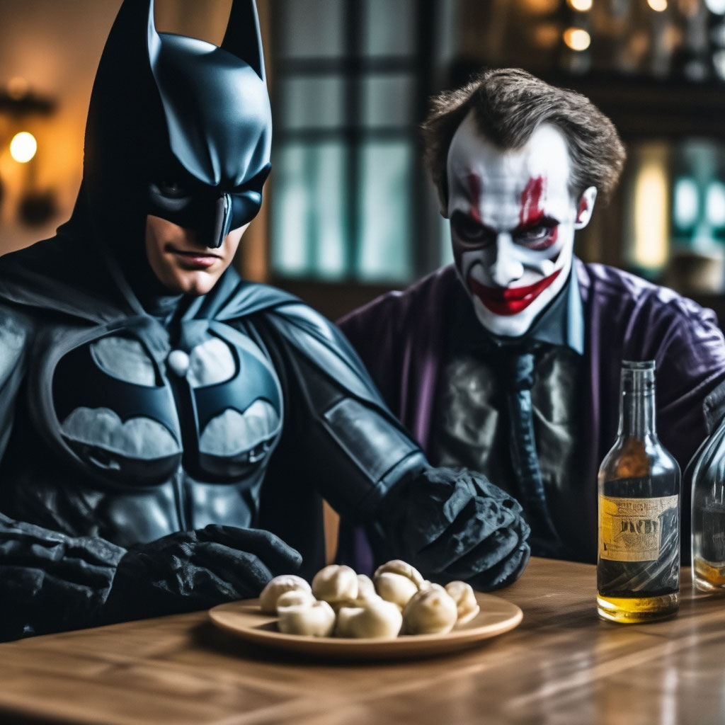 "Batman and the joker, drink Russian vodka from their bottles, snack on ...