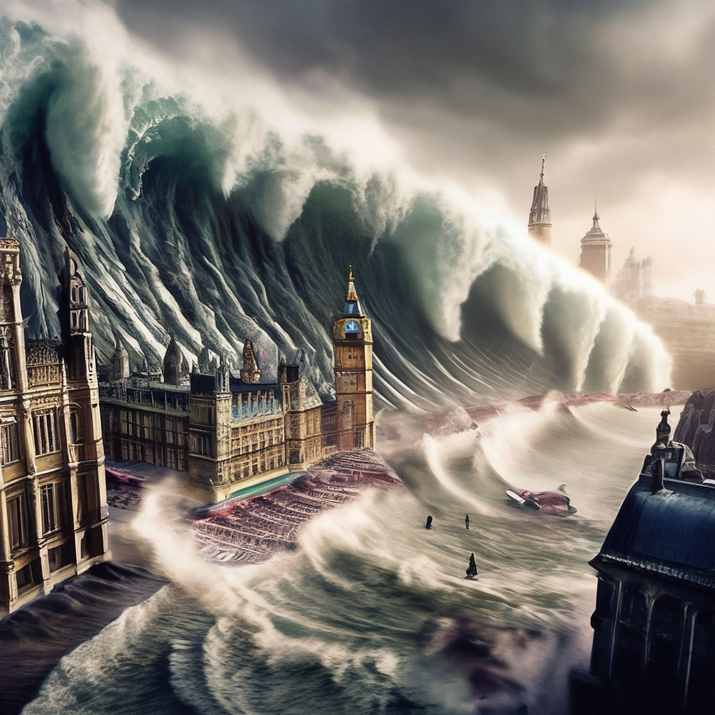 "Giant tsunami washes away London" — image created in Shedevrum