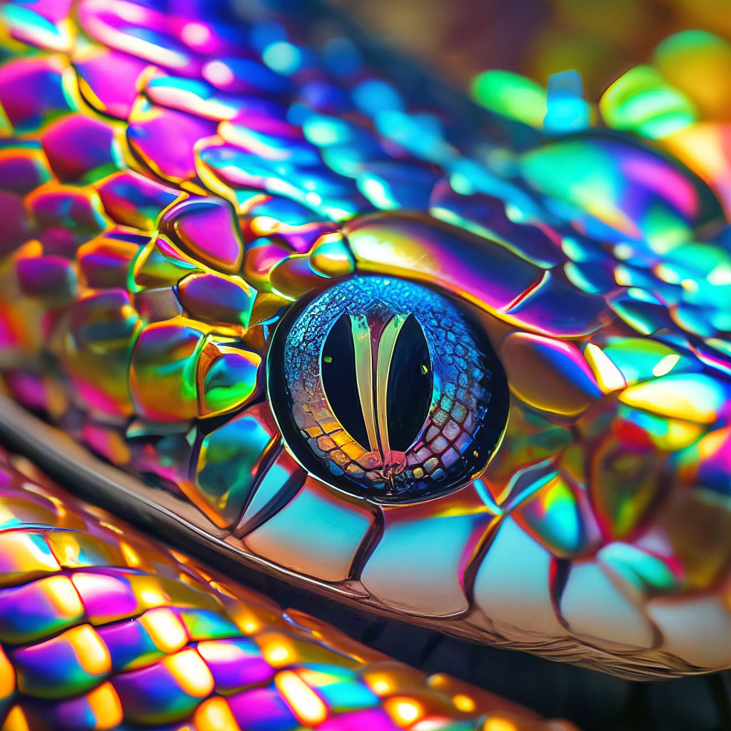 "Detailed snake with rainbow iridescence on scales" — image created in ...
