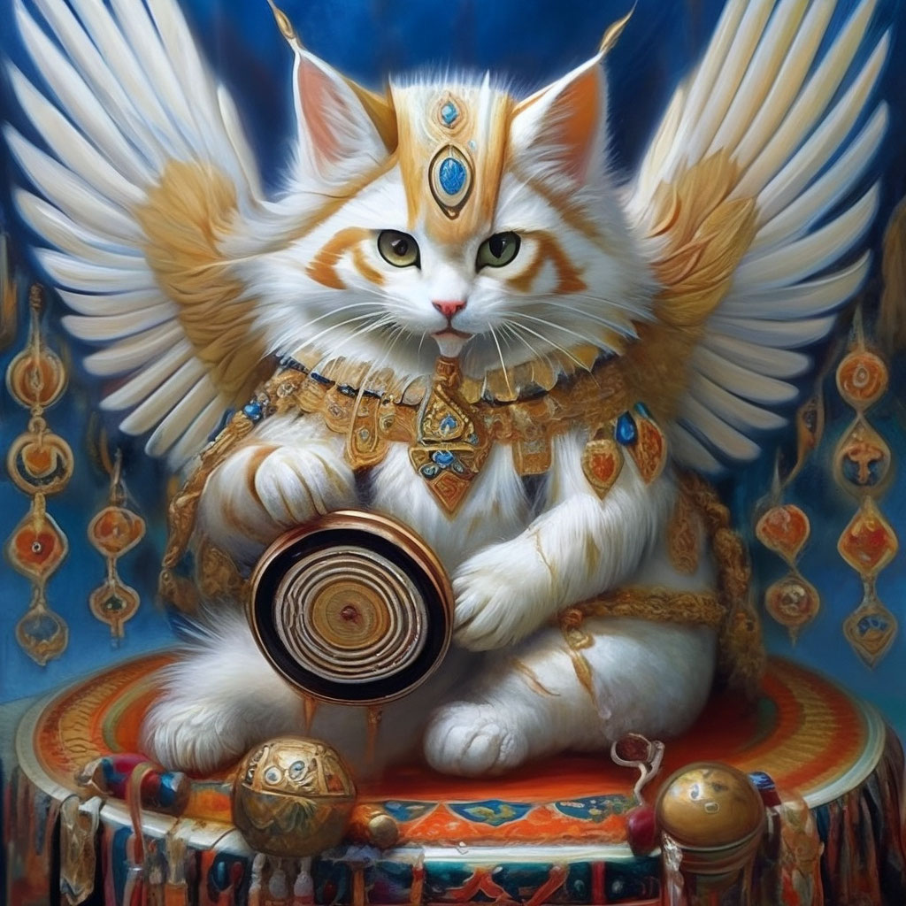 "Shaman cat with wings, strange, magical, beats a tambourine, Chukchi ...