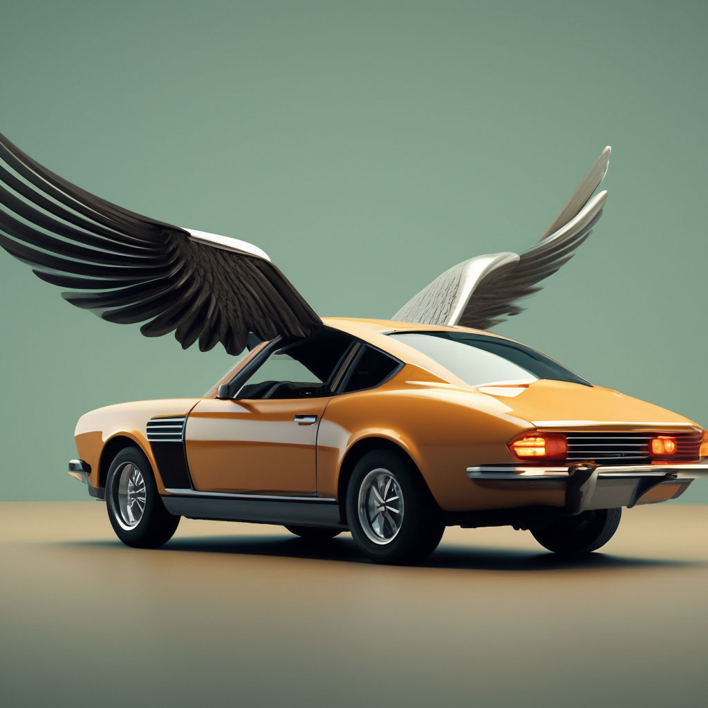 "A car with wings, minimalism, on the side, flying" — image created in ...