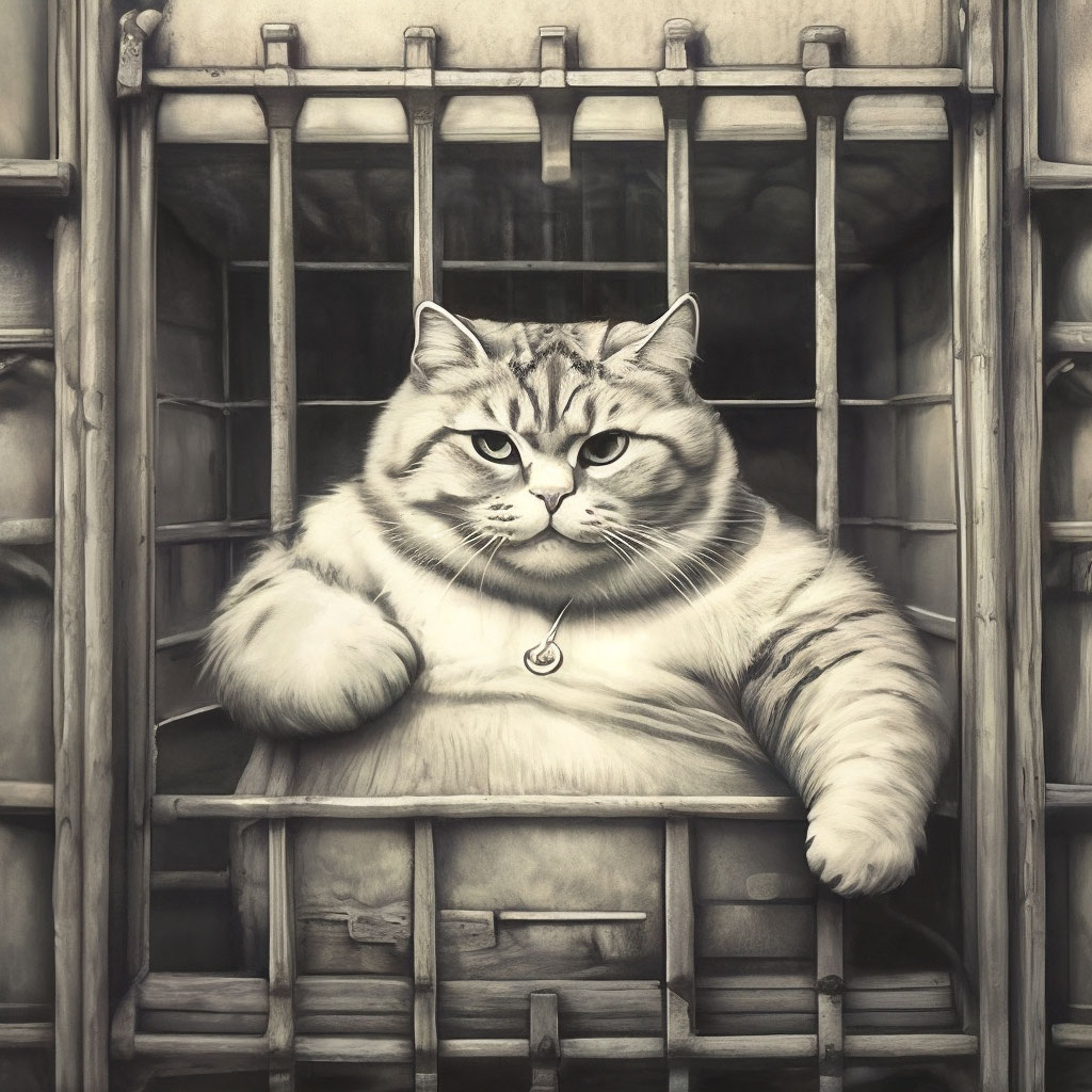 "A fat cat escapes from prison" — image created in Shedevrum