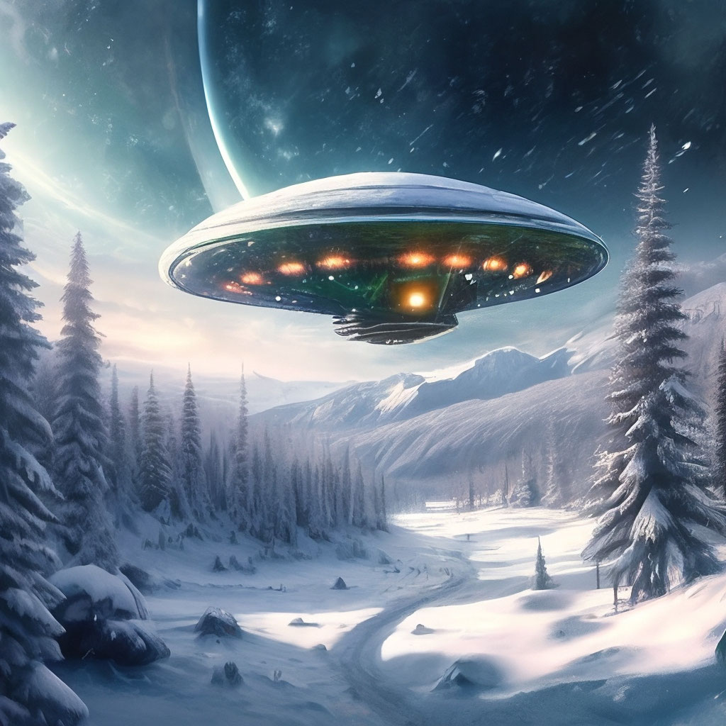 "Beautiful winter landscape, an alien spaceship is landing in swirls of ...