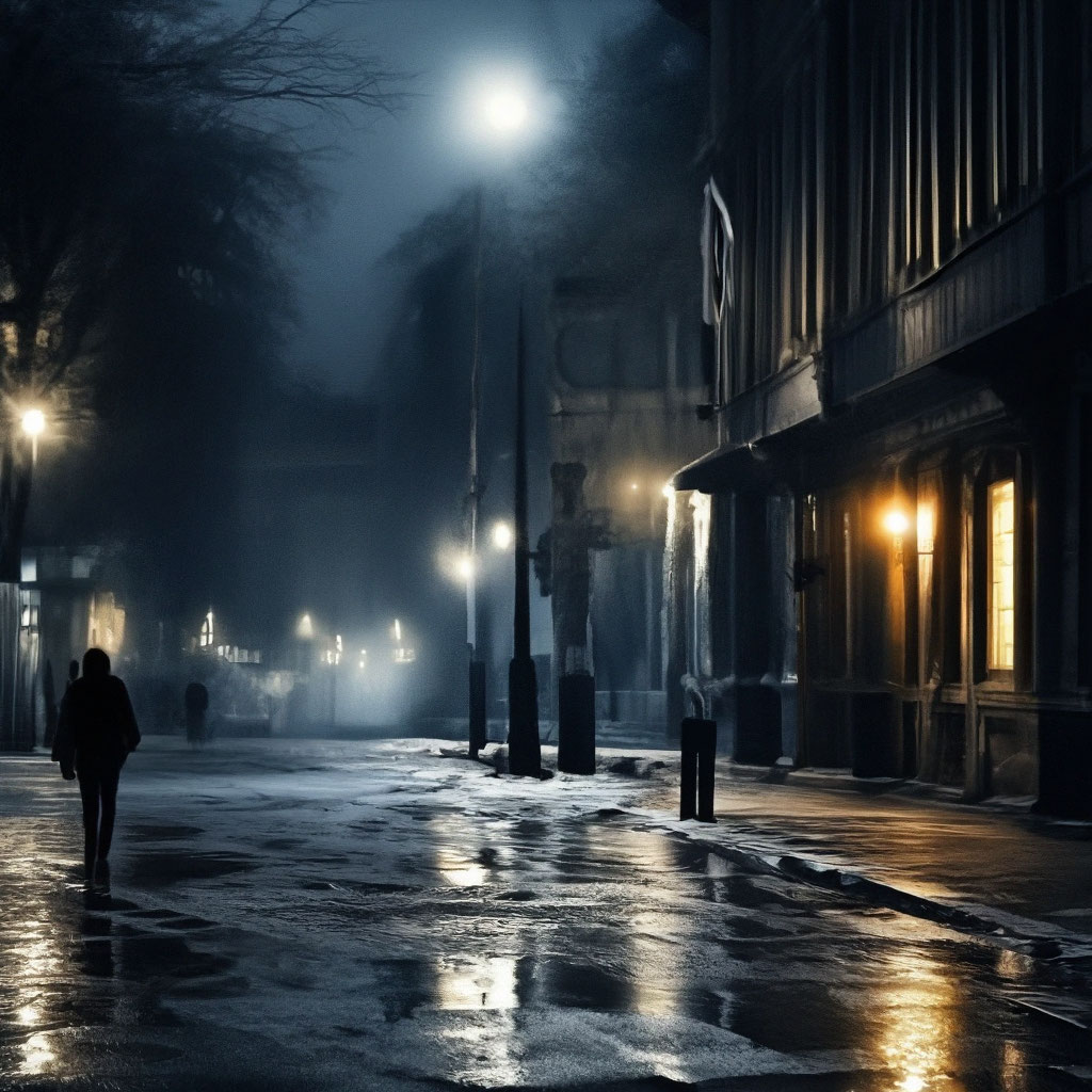 "Dark night, cold, dark, scary, lonely person on the street, no one ...