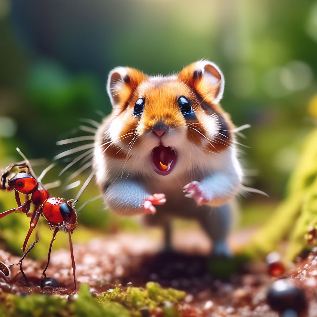 "Angry hamster chasing an ant, beautiful, professional photo, realistic ...