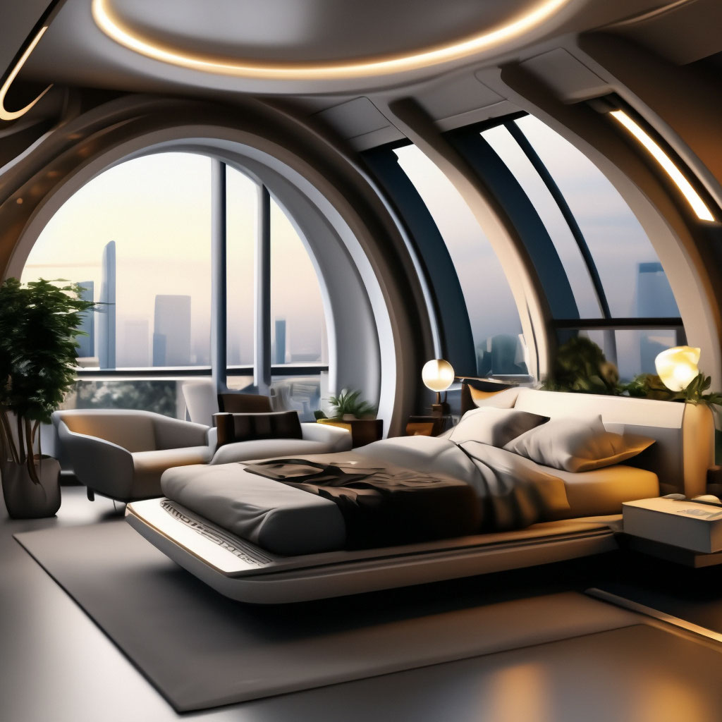 "Cozy room in high-tech style, futuristic interior, lots of light ...