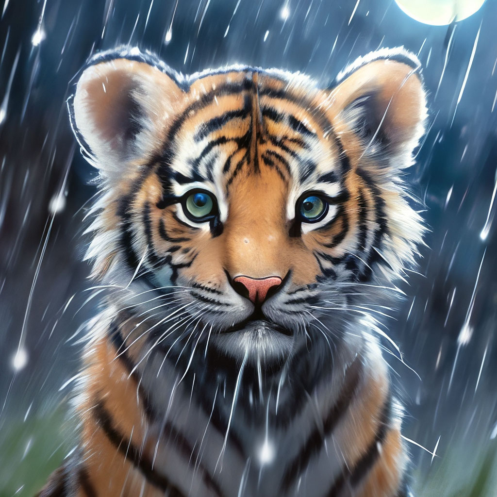 "Tiger cub in the rain looks at the moon with sad eyes" — image created ...