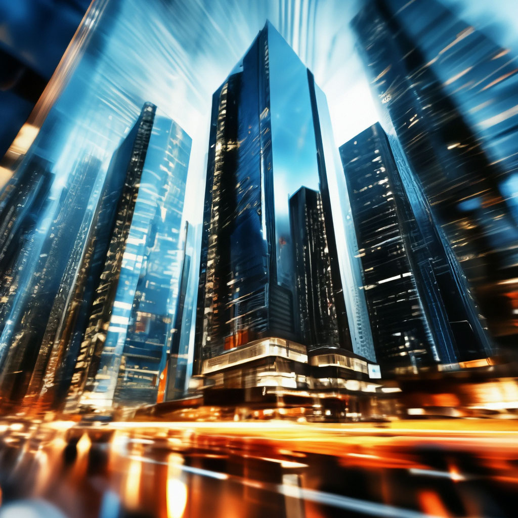 "Sketch, modern high-rise city from below in dynamics, perspective ...
