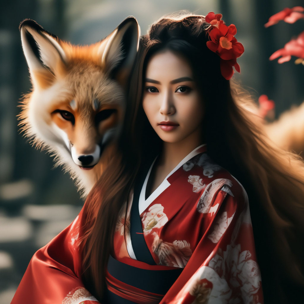 "A nine-tailed fox and a lady in a kimono" — image created in Shedevrum