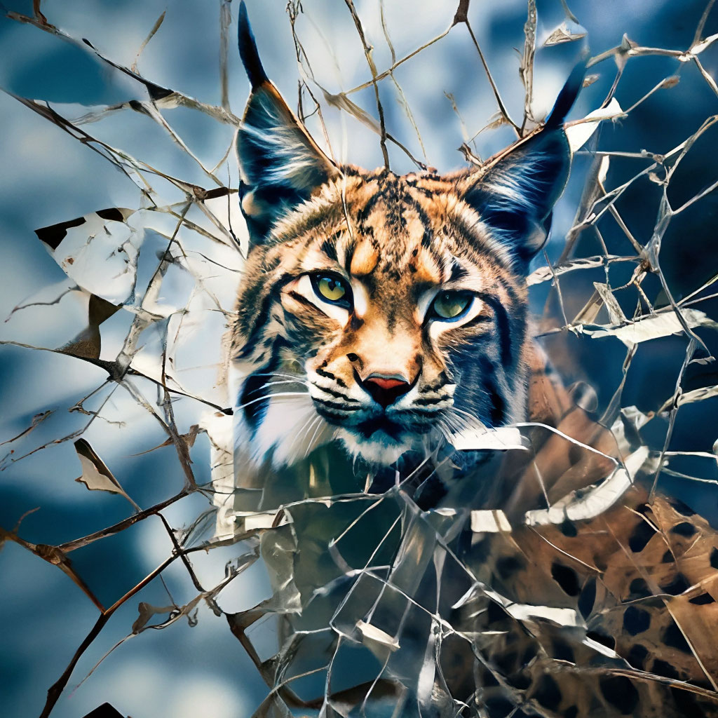 "Multiple exposure,broken mirror through web of cracks, reflects a lynx ...