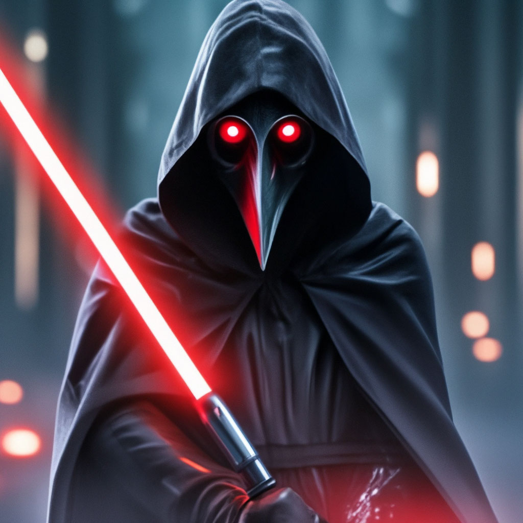 "Sith, in a black robe and a black hood, with a white plague doctor ...