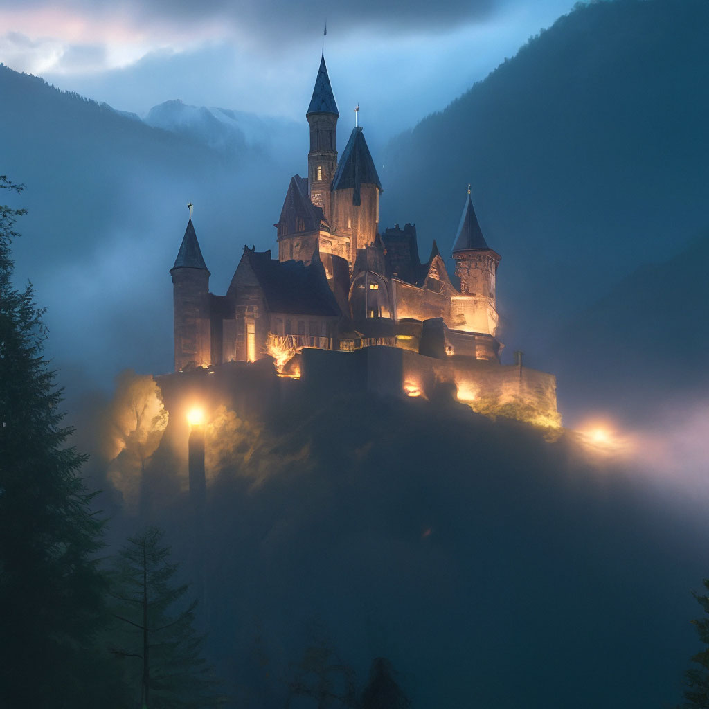 "Fantasy, late evening, mystical fairy tale medieval castle in the ...