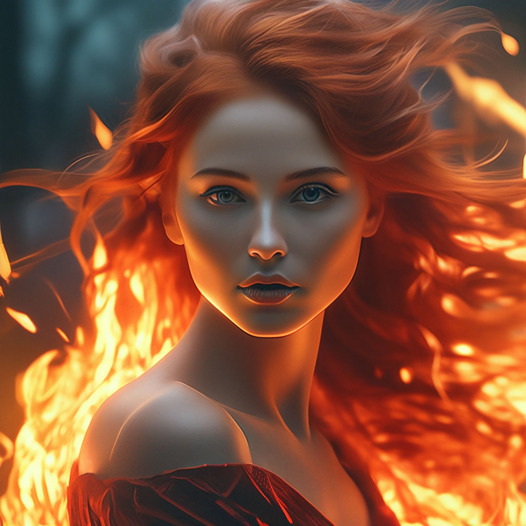 "Girl- 🔥 fire,, hair made of fire, eyes red embers,beautiful, high ...
