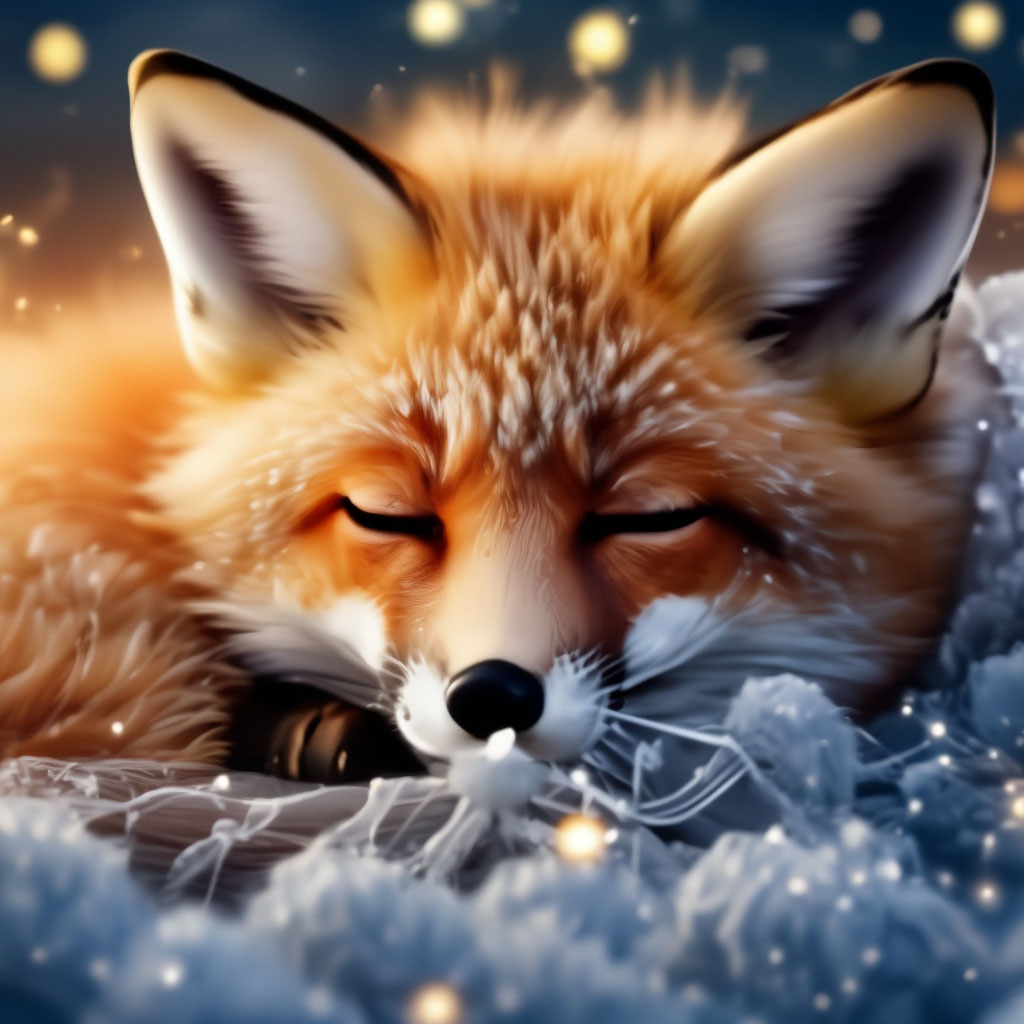 "Fluffy cute fox cub sleeps in fluffy snow, stars, vector graphics ...